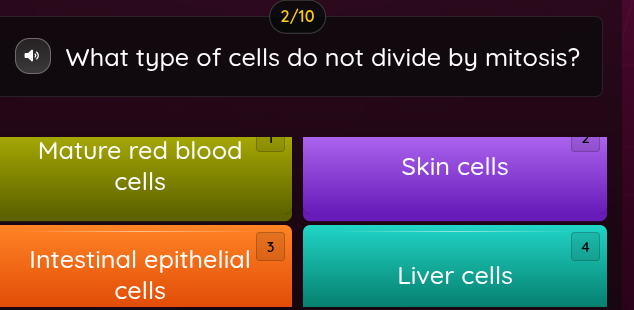 What type of cells do not divide by mitosis? A. Mature red blood cells B..