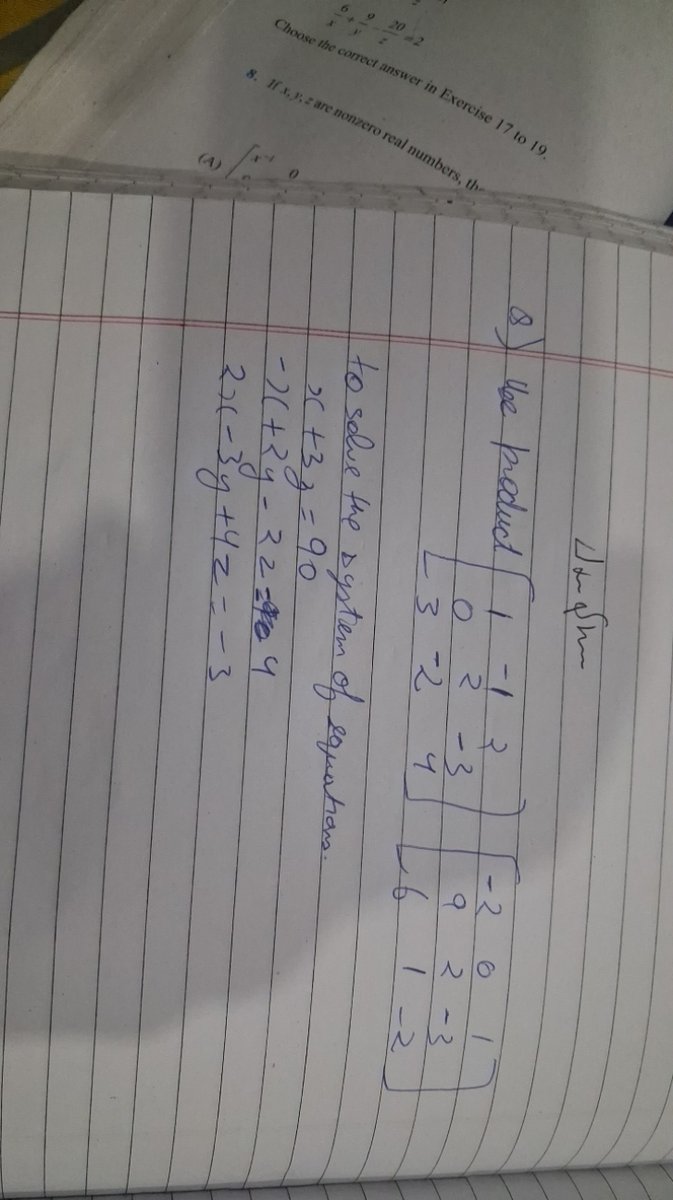 Use the product of the given matrices to solve the system of equations: