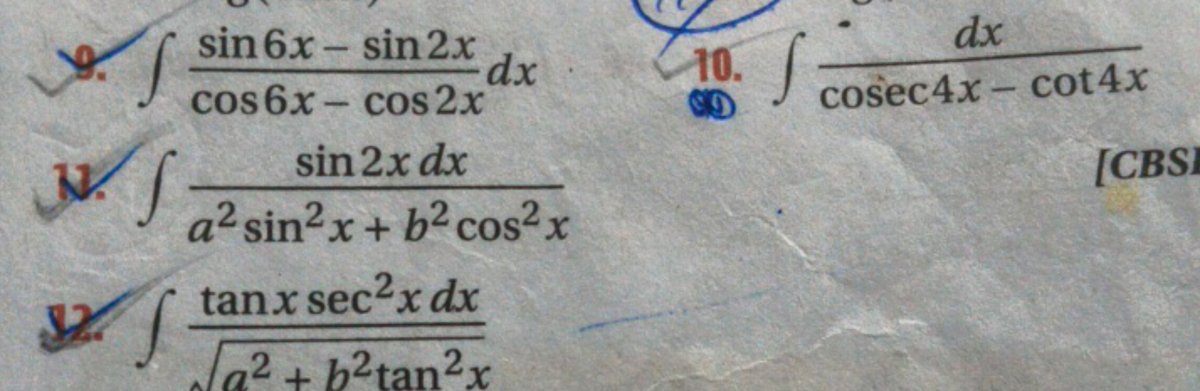 Solve the following integrals: \int \frac{\sin 6x - \sin 2x}{\cos 6x