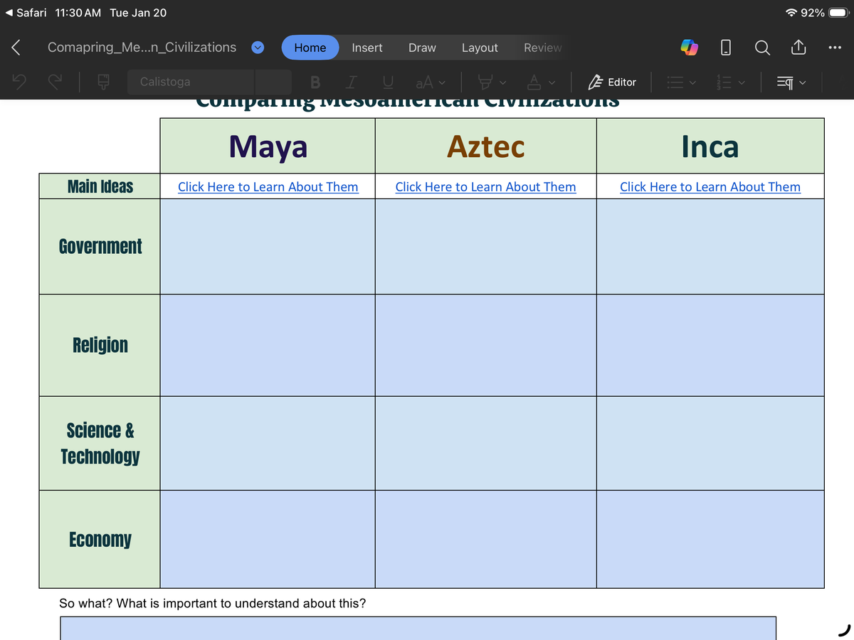 The image shows a table for comparing Mesoamerican Civilizations: Maya, A..
