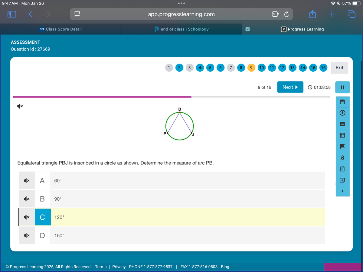 Equilateral triangle PBJ is inscribed in a circle as shown. Determine the..