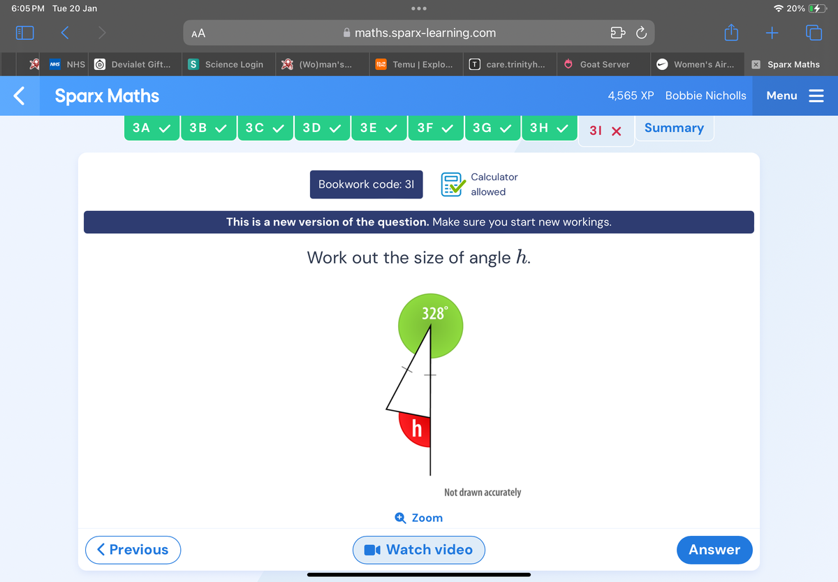 Work out the size of angle h. [Diagram showing a shape with an angle of