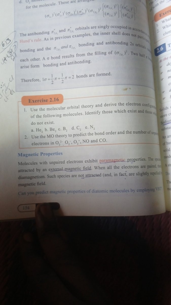 Exercise 2.16 Use the molecular orbital theory and derive the electron co..