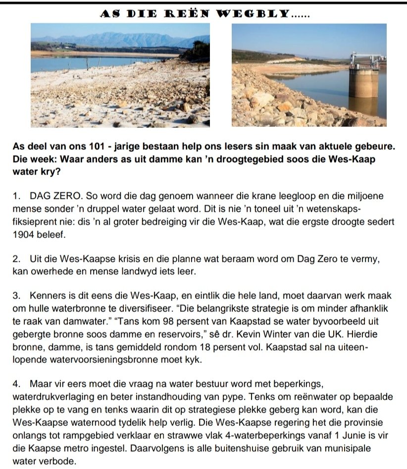AS DIE REËN WEGBLY...... As deel van ons 101 - jarige bestaan help ons l..
