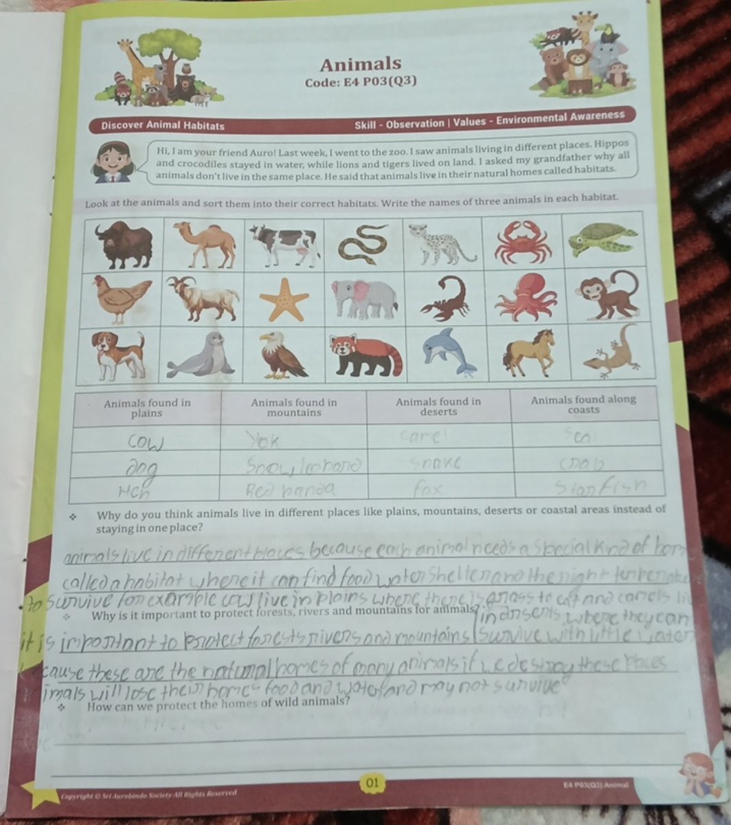 Here is a picture of a worksheet with questions about animal habitats. S..