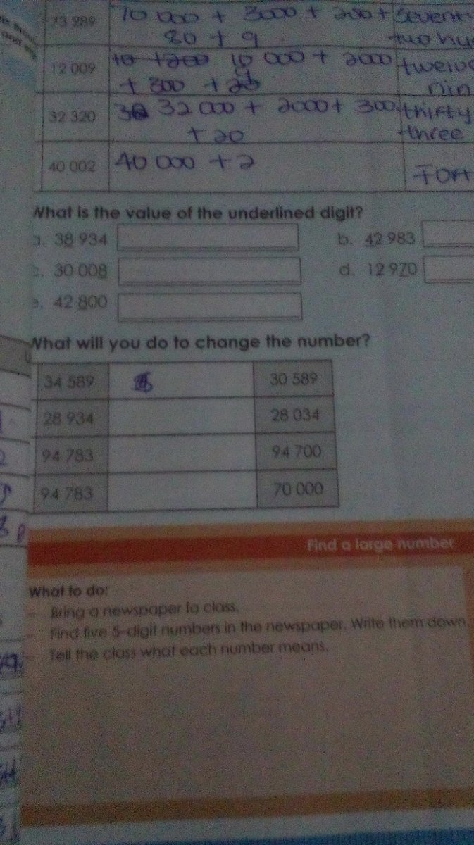 What is the value of the underlined digit? a. 38 934 b. 42 983 c. 30 008