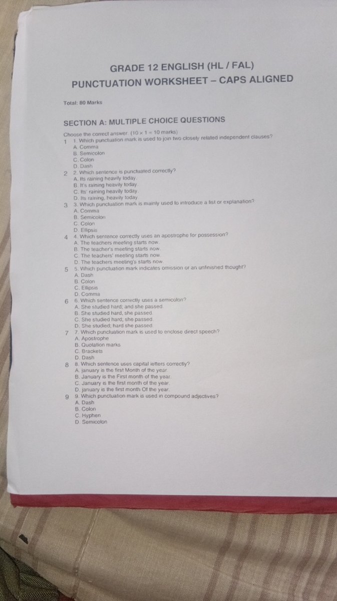 GRADE 12 ENGLISH (HL/FAL) PUNCTUATION WORKSHEET - CAPS ALIGNED Total: 80..