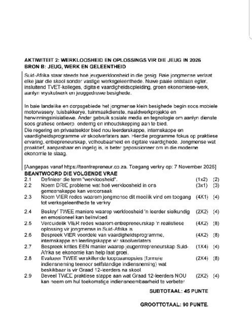 AKTIWITEIT 2: WERKLOOSHEID EN OPLOSSINGS VIR DIE JEUG IN 2026 BRON B: JEU..