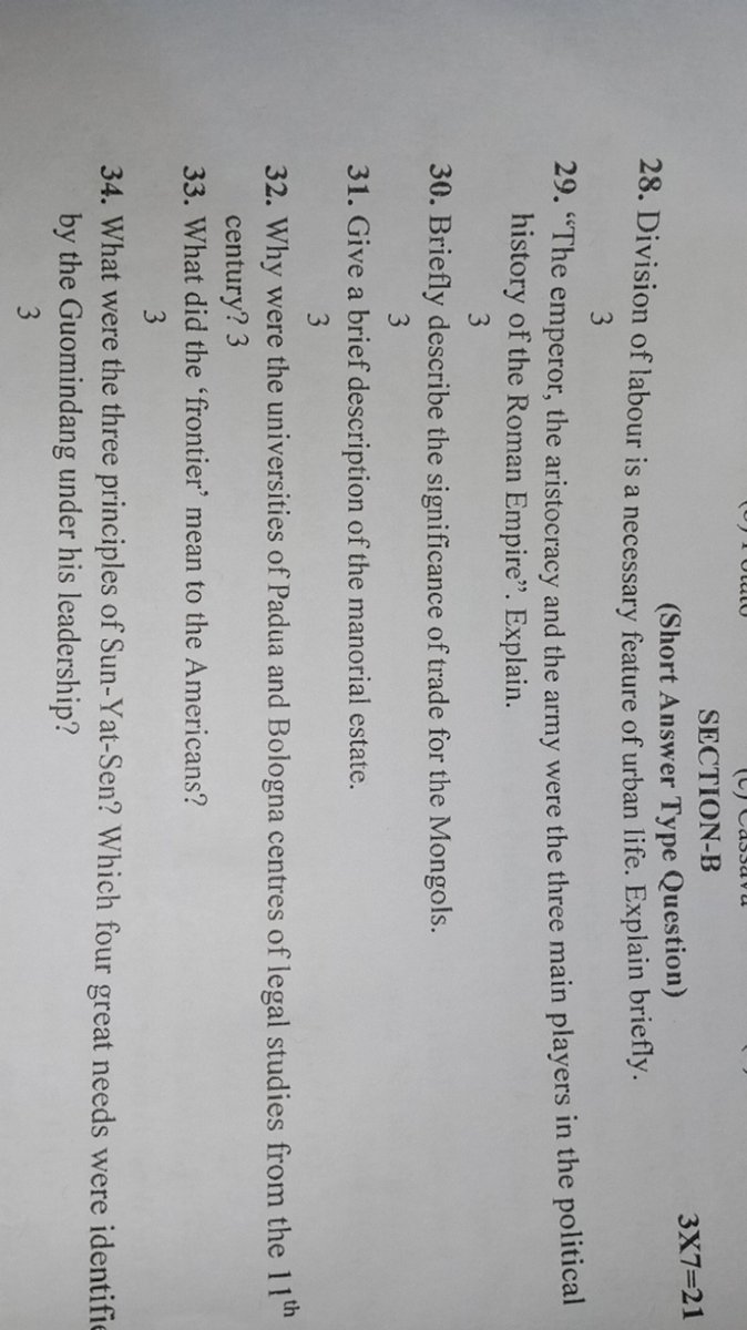 SECTION-B (Short Answer Type Question) Division of labour is a necessary..