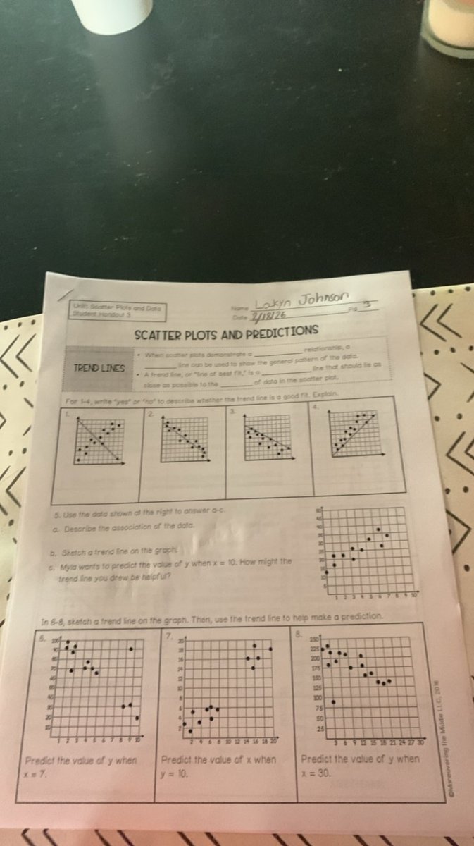 SCATTER PLOTS AND PREDICTIONS TREND LINES When scatter plots demonstrat..