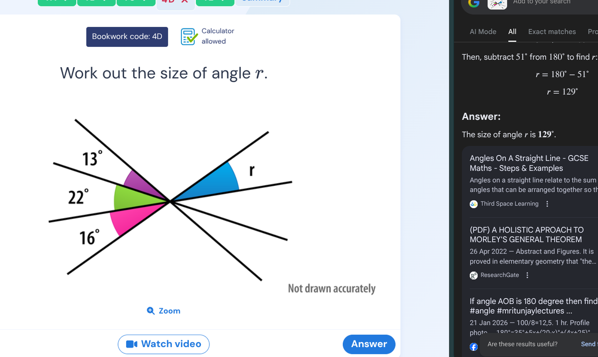 Work out the size of angle r. Diagram: An image shows several angles aro..