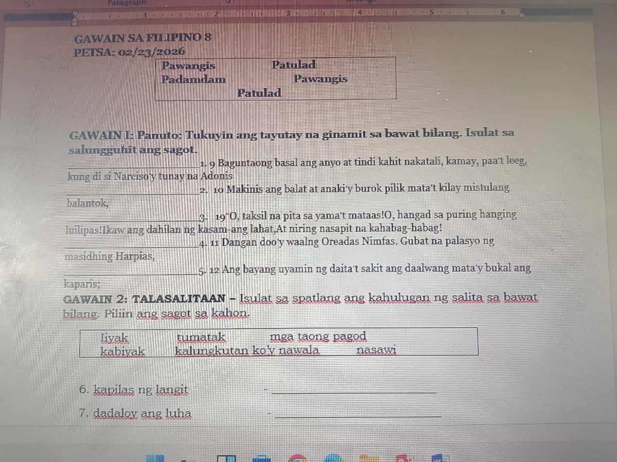 GAWAIN SA FILIPINO 8 PETSA: 02/23/2026 | Pawangis | Patulad