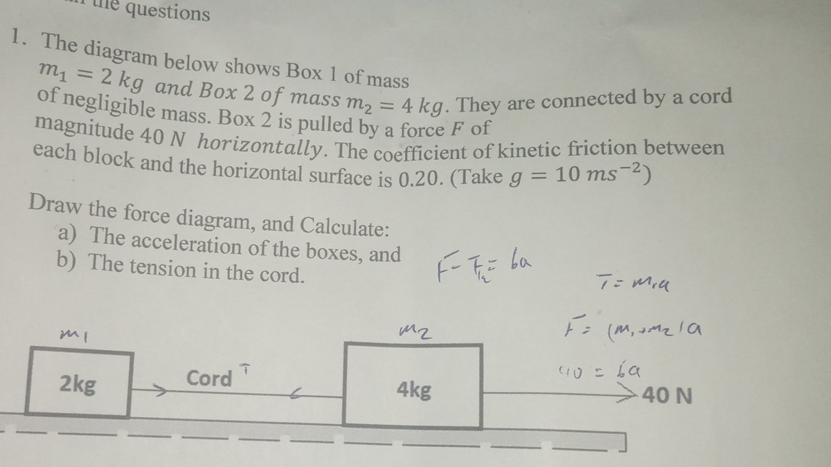 The diagram below shows Box 1 of mass m_1 = 2 \text{ kg} and Box 2 of mas..