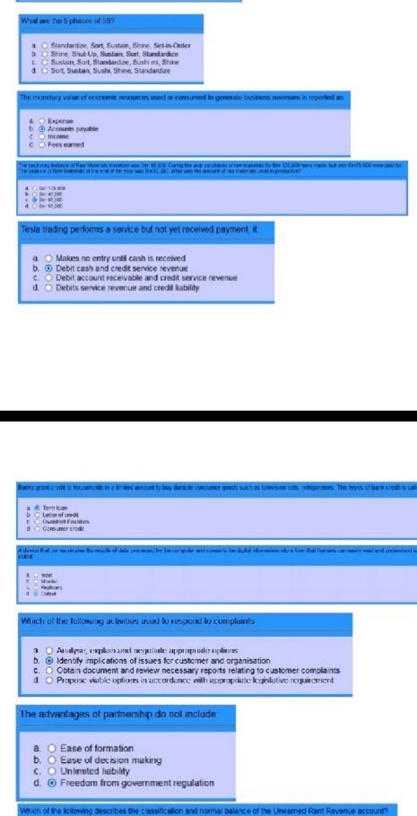 Here are multiple-choice questions: What are the 5 phases of 5S? a. S..