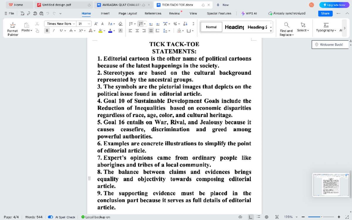 TICK TACK-TOE STATEMENTS: Editorial cartoon is the other name of politica..