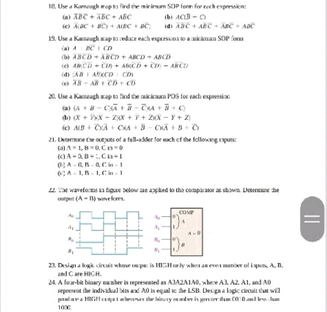 Use a Karnaugh map to find the minimum SOP form for each expression: (a)