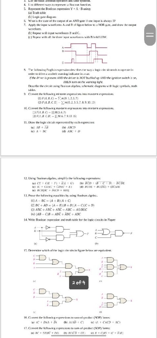 Here are several questions related to Boolean algebra and logic circuits:..