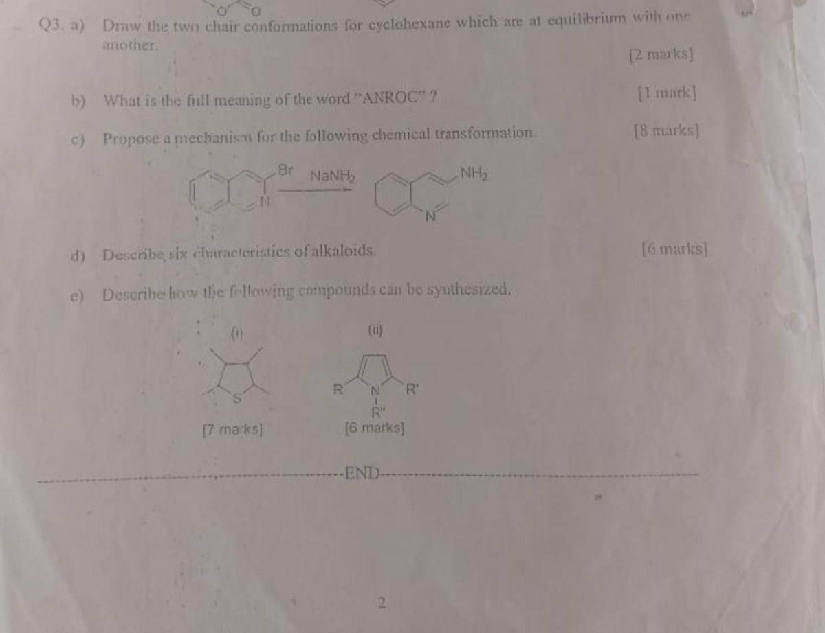 Q3. a) Draw the two chair conformations for cyclohexane which are at equi..