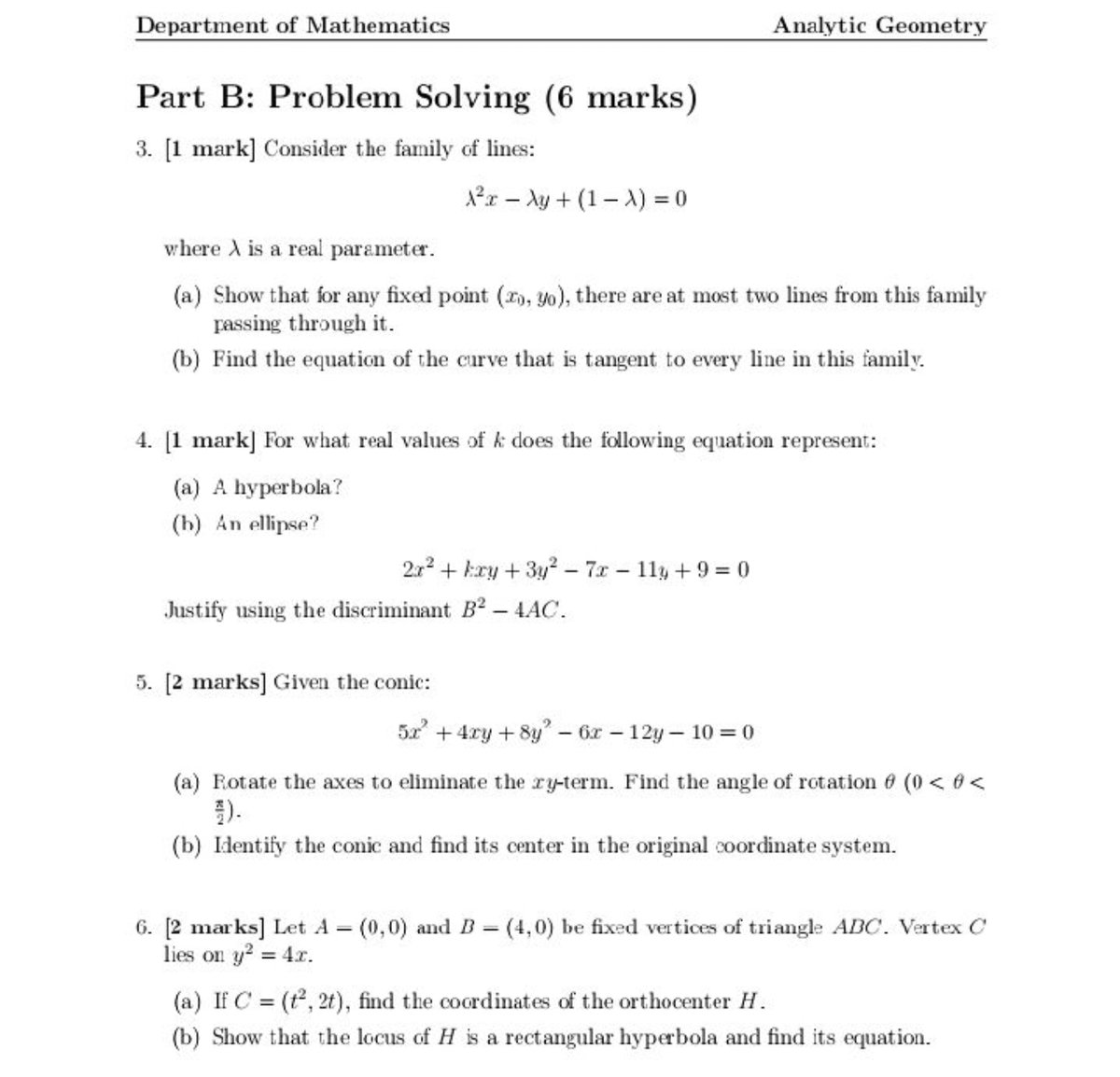 Department of Mathematics Analytic Geometry Part B: Problem Solving (6 m..