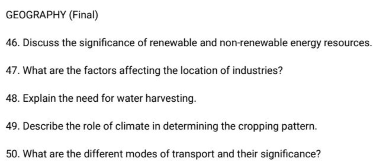 GEOGRAPHY (Final) Discuss the significance of renewable and non-renewabl..