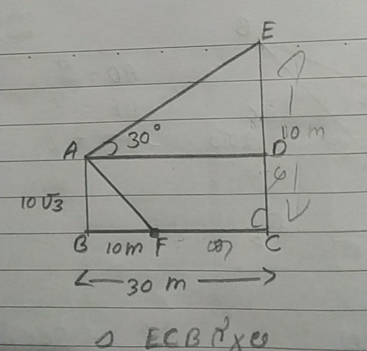 The image shows a diagram with points A, B, C, D, E, F. Given are the fol..