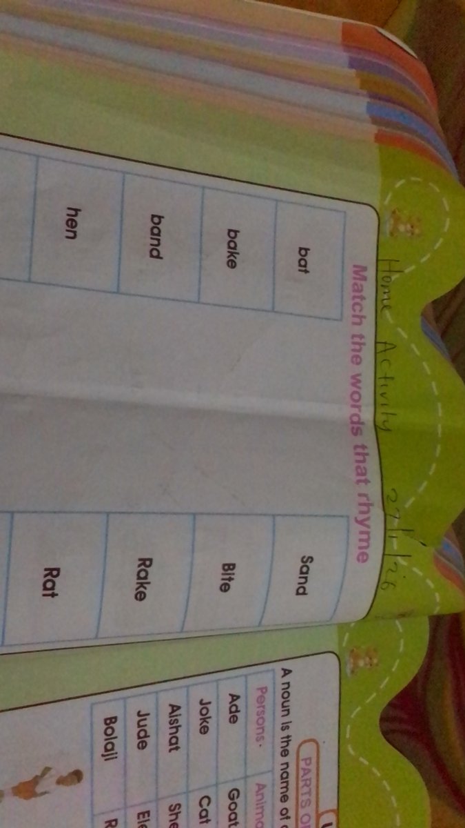 Match the words that rhyme: Column 1 bat bake band hen Column 2 Sand Bi..