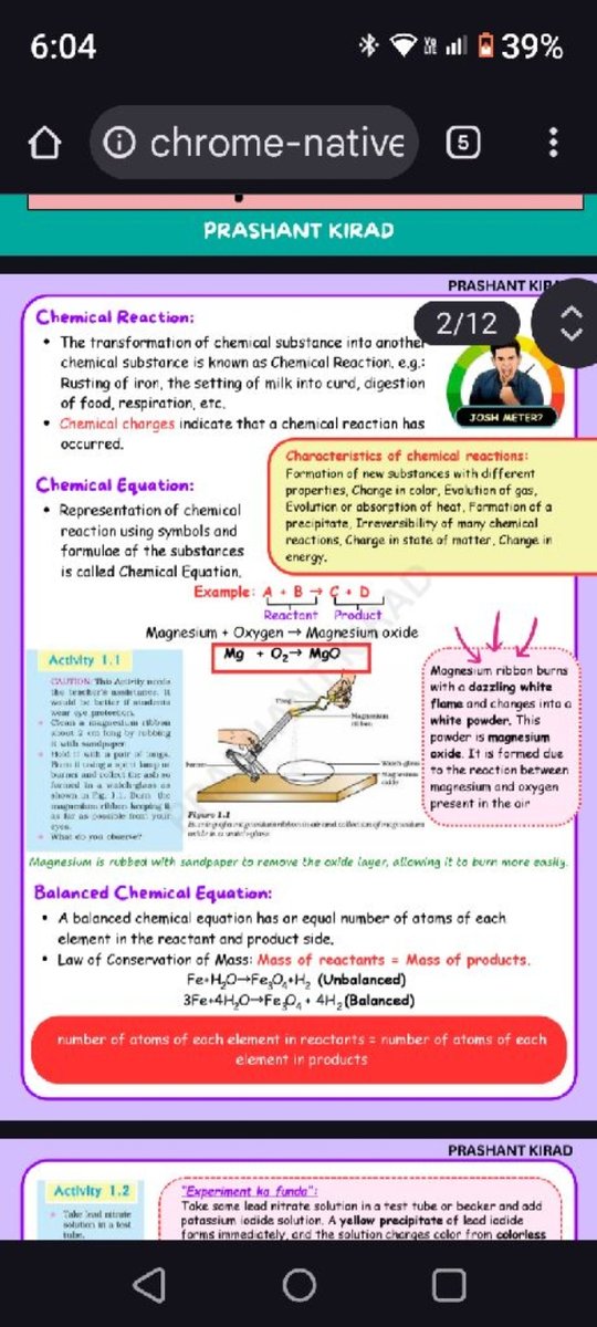 The provided image contains information about: Chemical Reaction Def..