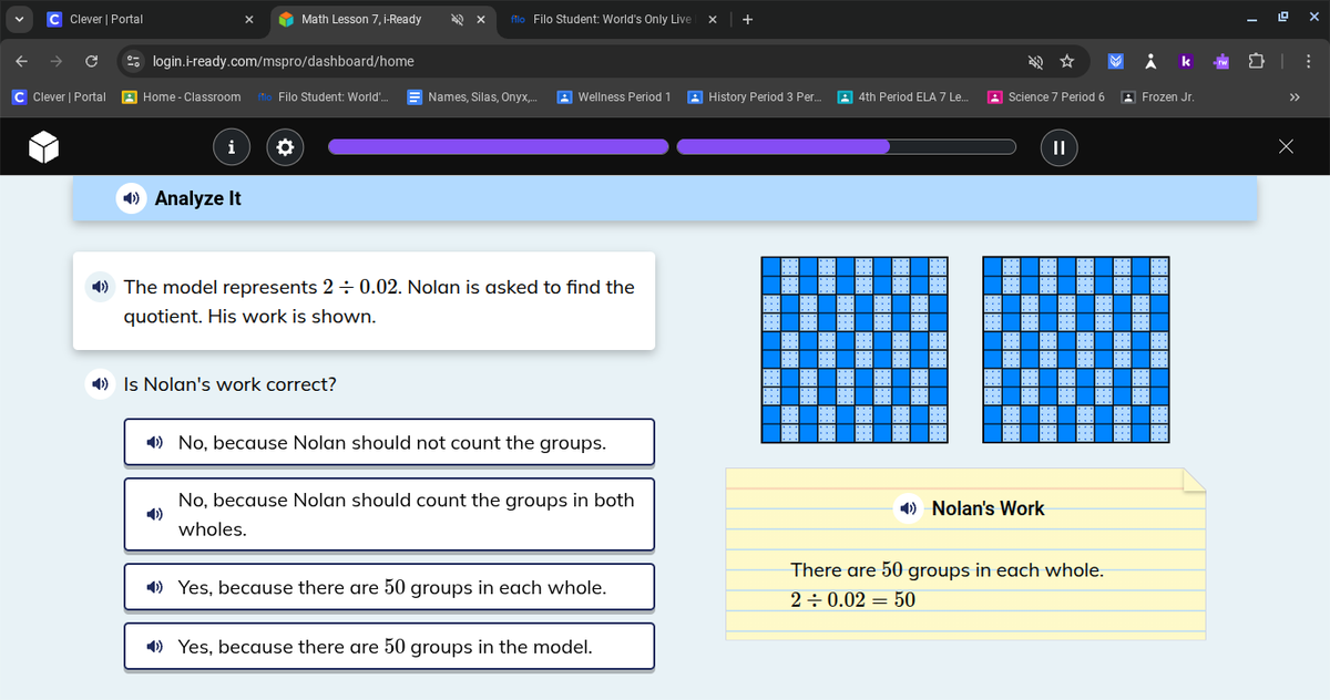 The model represents 2 \div 0.02. Nolan is asked to find the quotient. Hi..