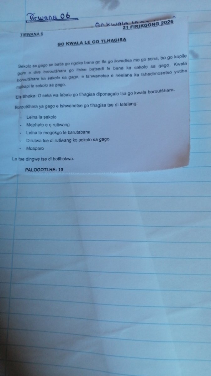 TIRWANA 6 GO KWALA LE GO TLHAGISA Sekolo sa gago se batla go ngoka bana..
