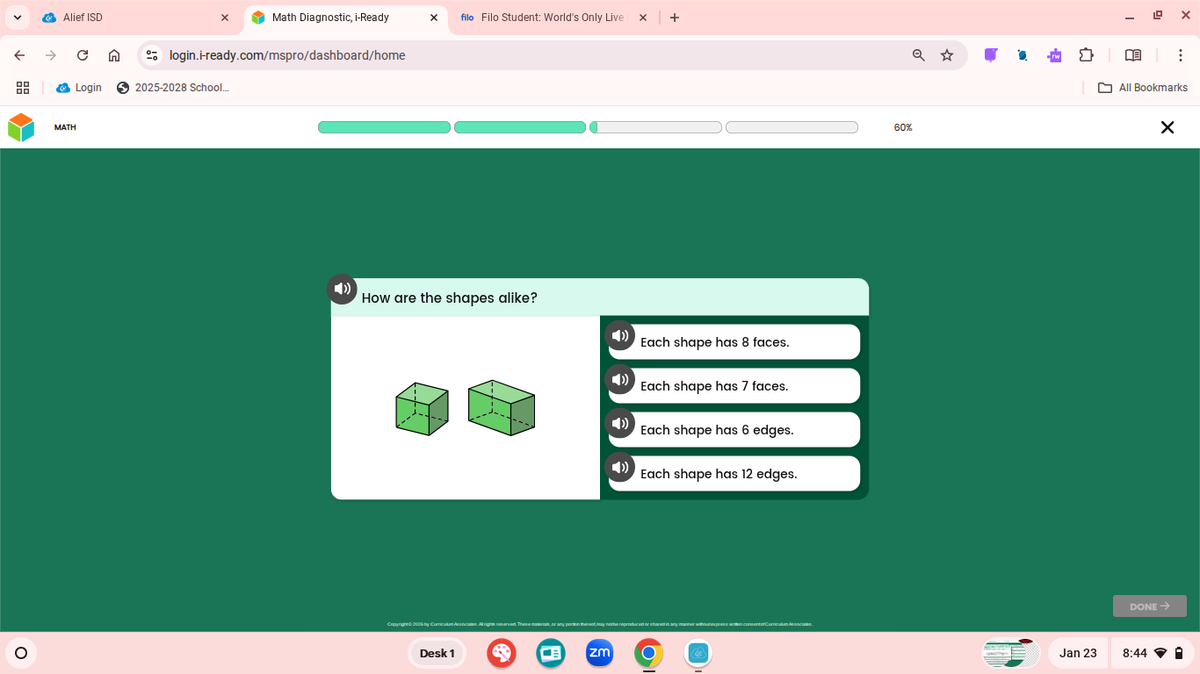 How are the shapes alike? [Image of a cube and a rectangular prism] Opt..