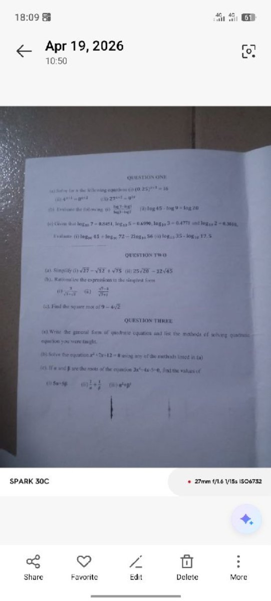 QUESTION ONE (a) Solve for x the following equations: (i) (0.25)^{x-1}