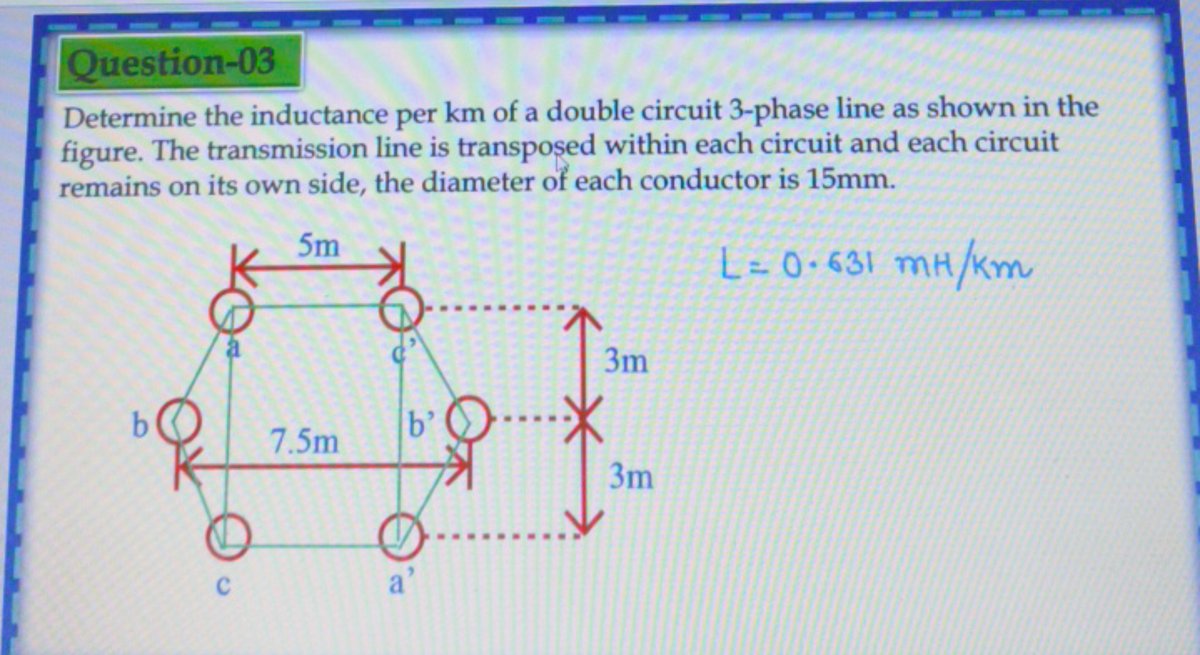 Determine the inductance per km of a double circuit 3-phase line as shown..