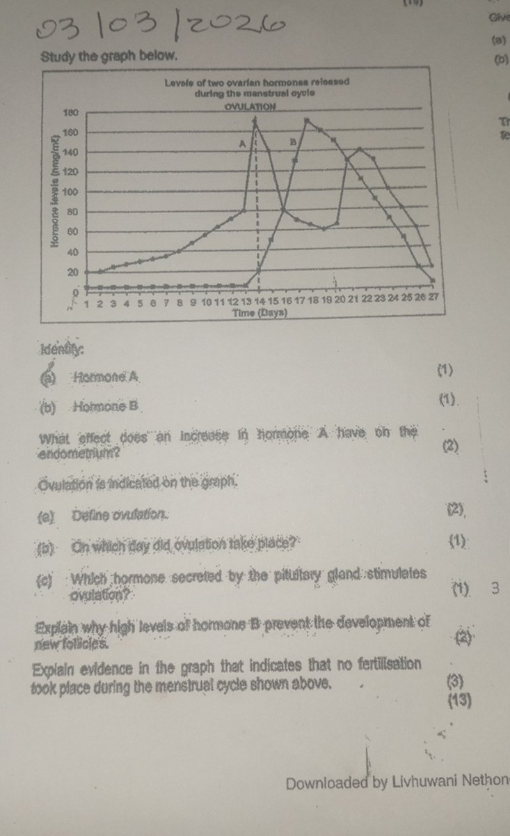 Study the graph below. Levels of two ovarian hormones released during th..