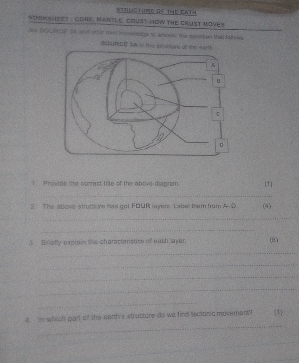 STRUCTURE OF THE EATH WORKSHEET: CORE MANTLE CRUST-HOW THE CRUST MOVES SO..