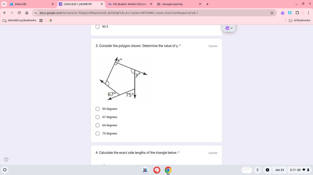 Consider the polygon shown. Determine the value of y. (Diagram of a poly..