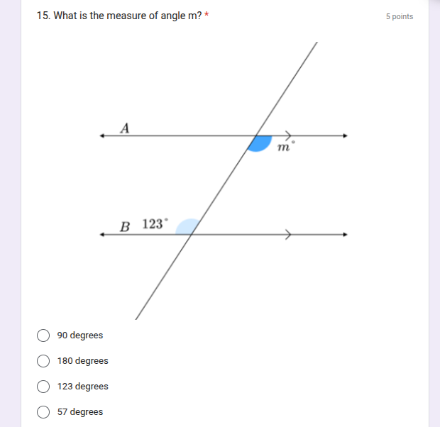 What is the measure of angle m? (Diagram shows two parallel lines A and
