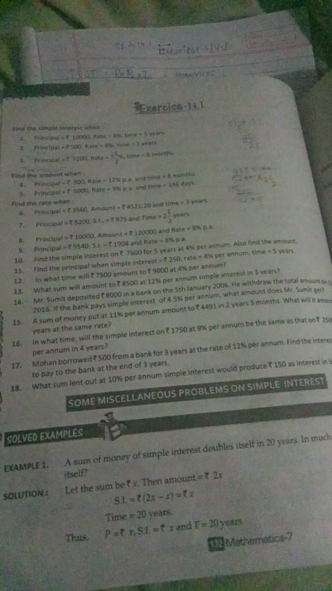 Here are the questions from Exercise 14.1 on Simple Interest: Find the s..
