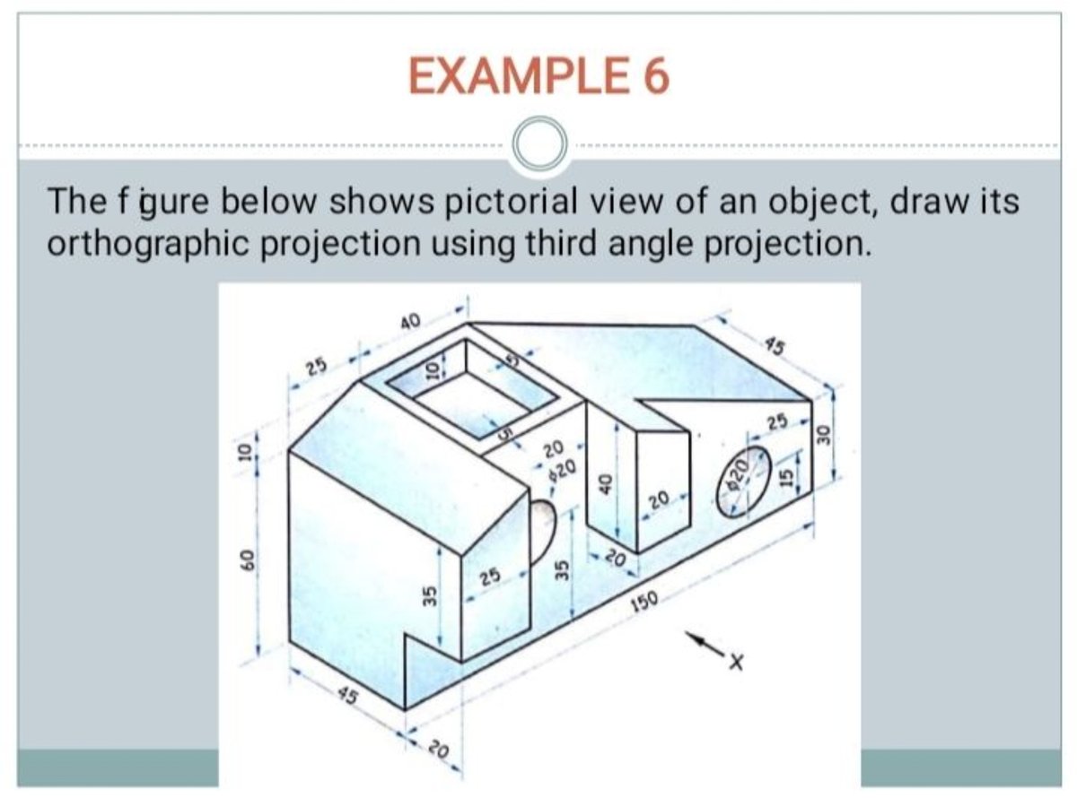 The figure below shows a pictorial view of an object. Draw its orthograph..