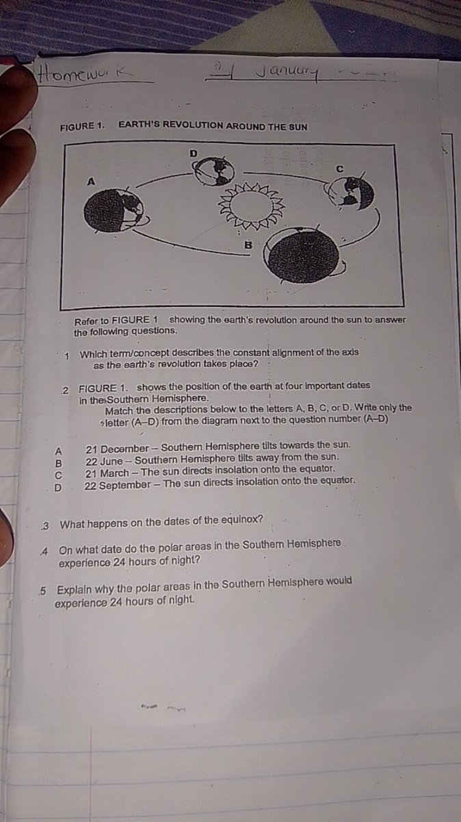 Refer to FIGURE 1 showing the earth's revolution around the sun to answer..