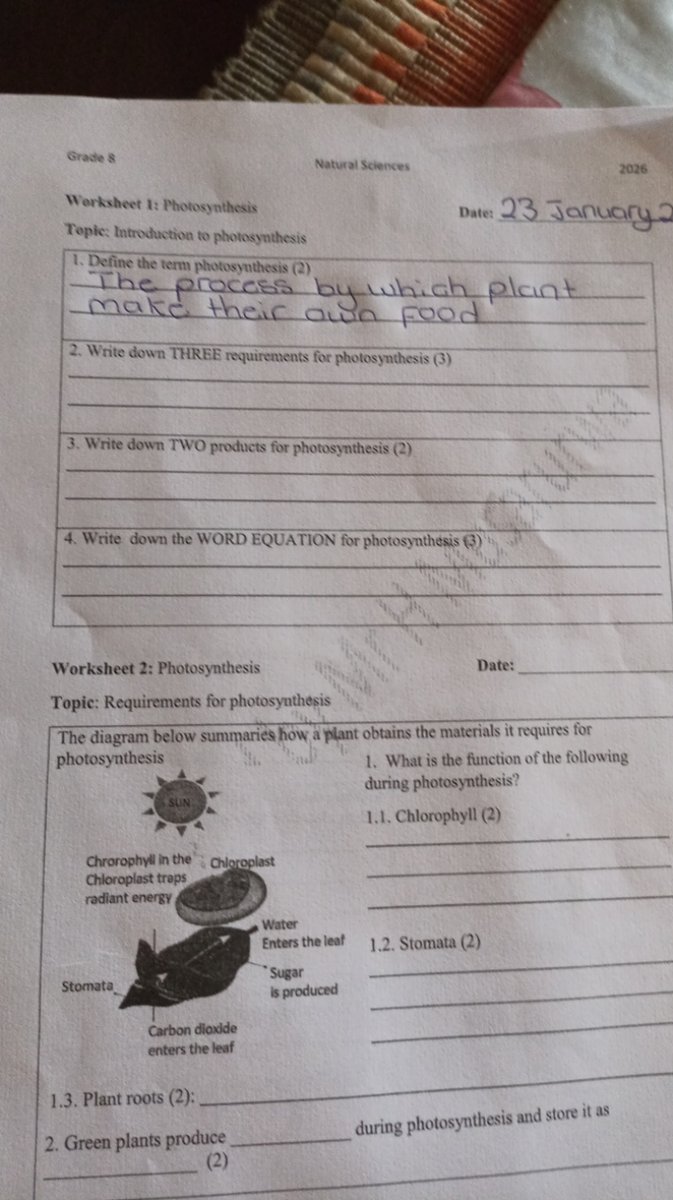 Worksheet 1: Photosynthesis Topic: Introduction to photosynthesis Define..