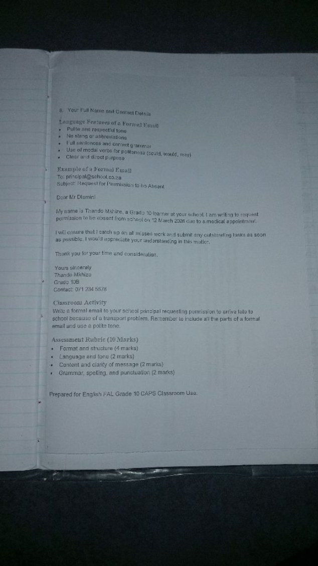 Classroom Activity Write a formal email to your school principal requesti..