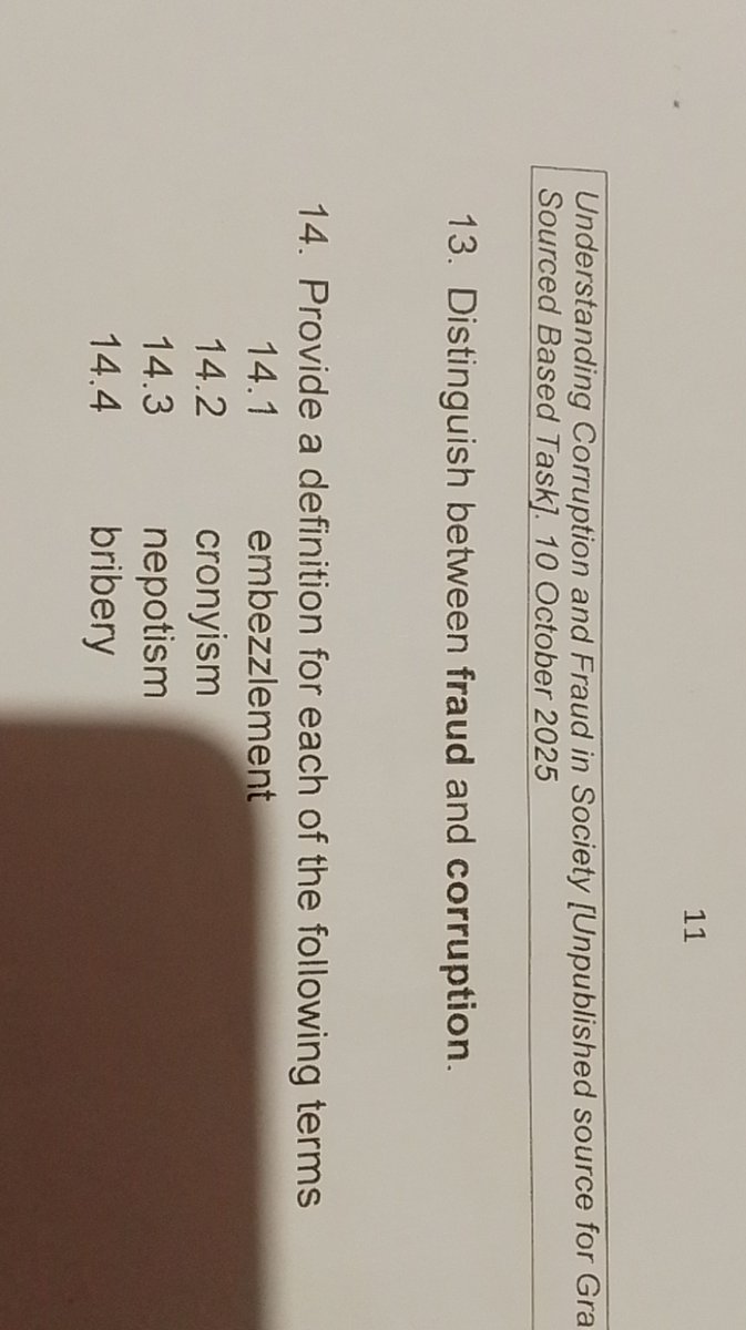 Distinguish between fraud and corruption. Provide a definition for each o..