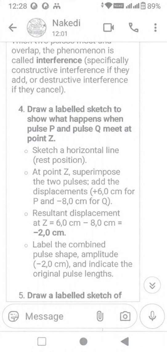 Draw a labelled sketch to show what happens when pulse P and pulse Q meet..