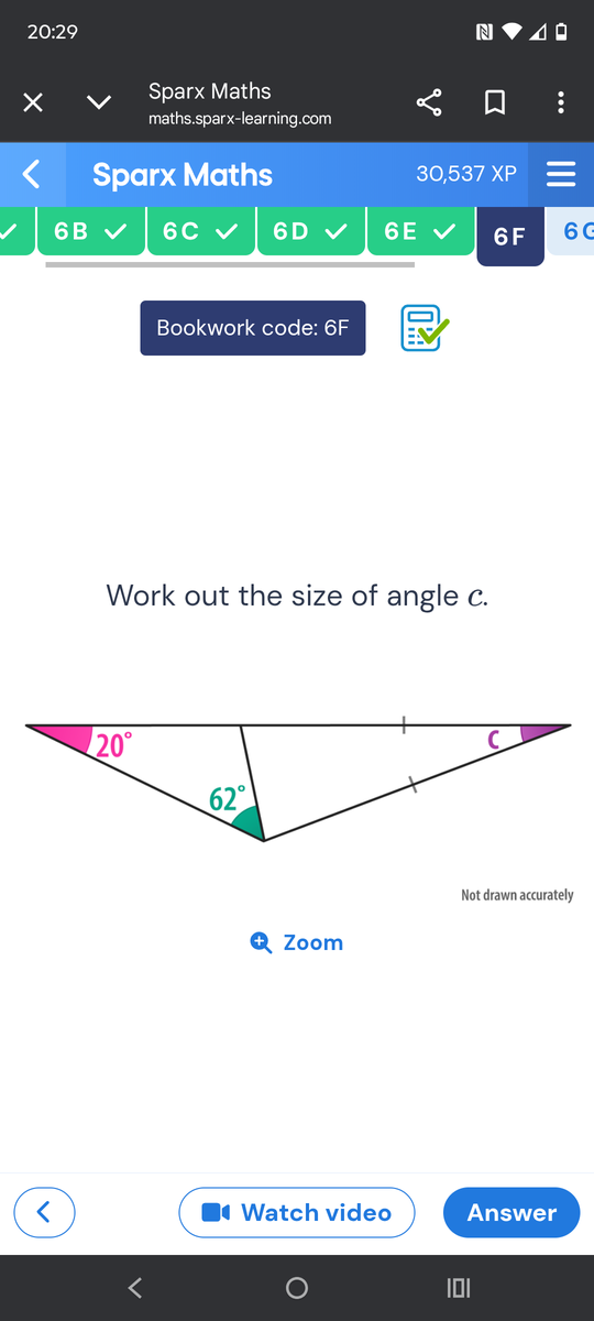Work out the size of angle c. (Diagram shows a triangle with angles 20°,..