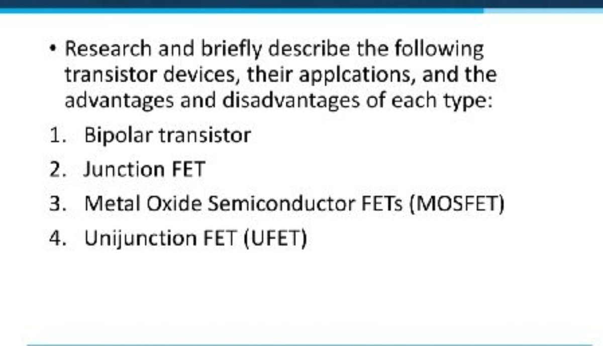 Research and briefly describe the following transistor devices, their app..