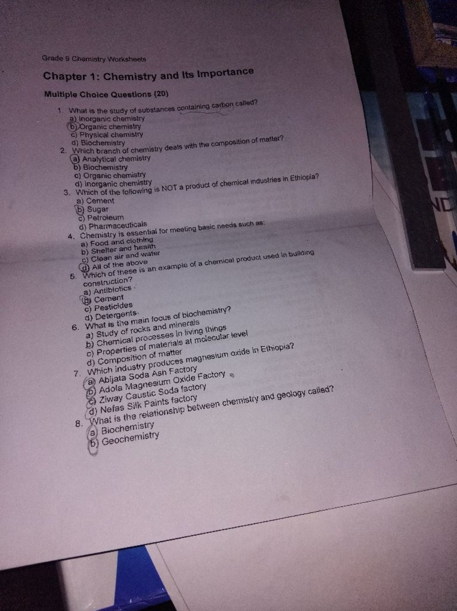 Grade 9 Chemistry Worksheets Chapter 1: Chemistry and Its Importance Mult..