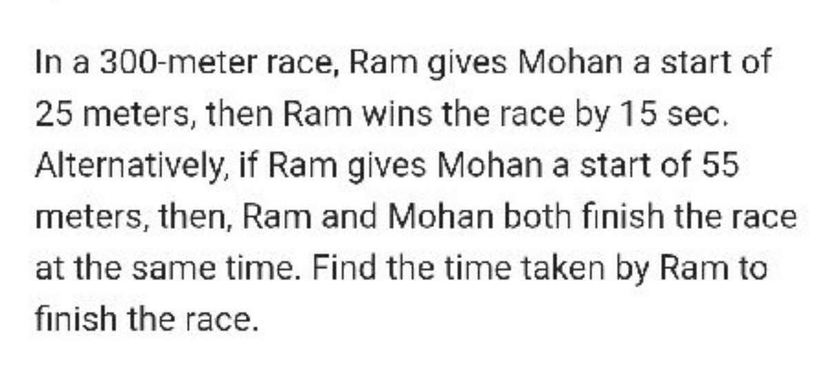 In a 300-meter race, Ram gives Mohan a start of 25 meters, then Ram wins