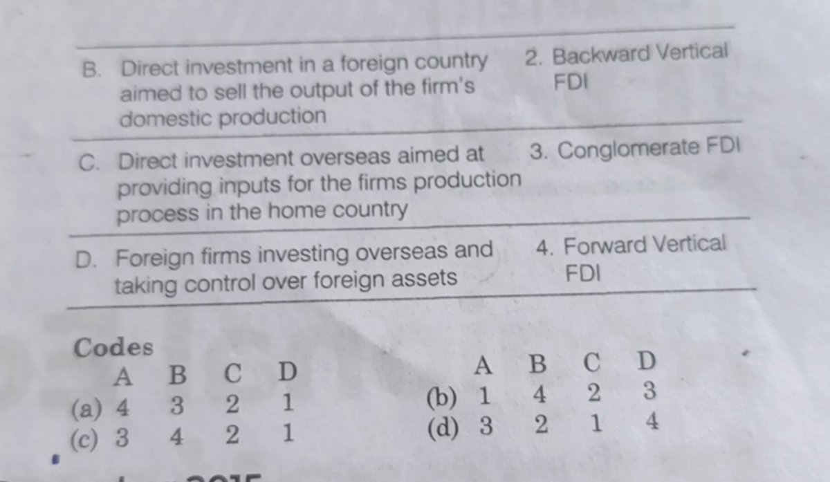 Match the following types of Foreign Direct Investment (FDI) with their d..