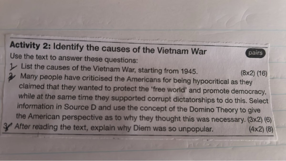 Activity 2: Identify the causes of the Vietnam War Use the text to answe..