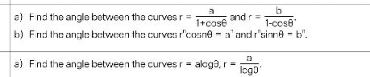 a) Find the angle between the curves r = \frac{a}{1+\cos\theta} and r